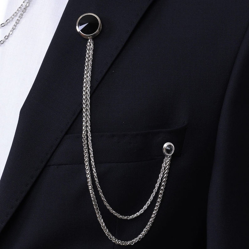 Silver Jacket & Shirt Chain Brooch With Black Stone - Etsy