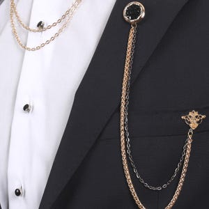 Mens Gold Suit Chain Brooch and Shirt Collar Clip Set - Black Gem Lapel ...