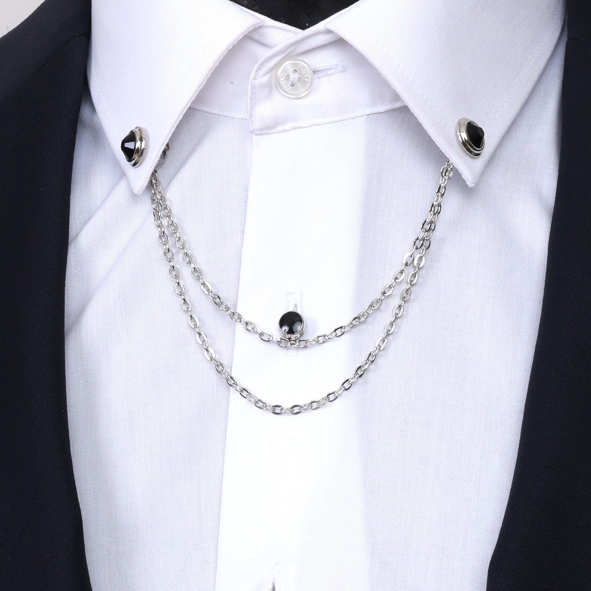 Silver Jacket & Shirt Chain Brooch With Black Stone - Etsy