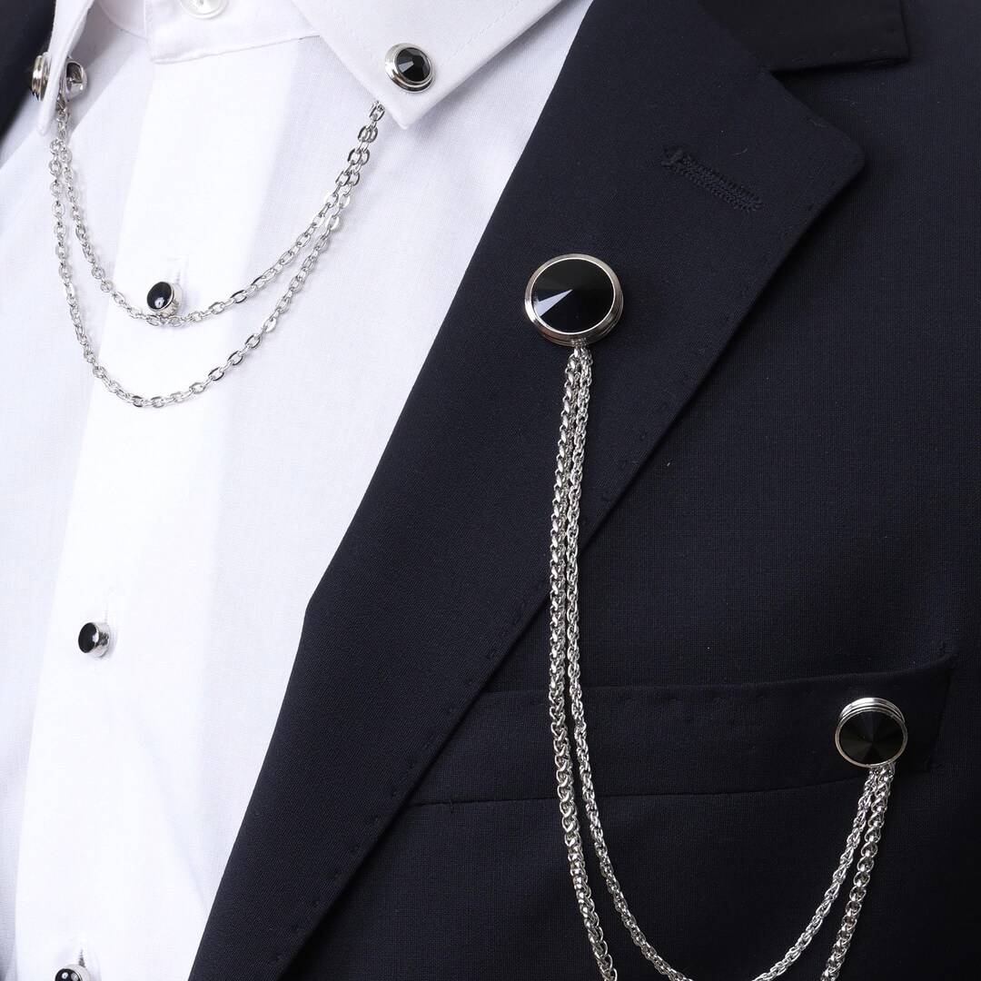 Jacket and Shirt Chain Lapel Brooch With Black Stone, Wedding Accessory ...