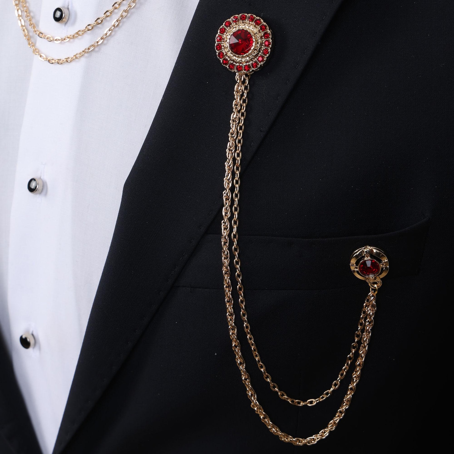 Gold Chain Lapel Brooch With Red Stone, Wedding Accessory - Etsy