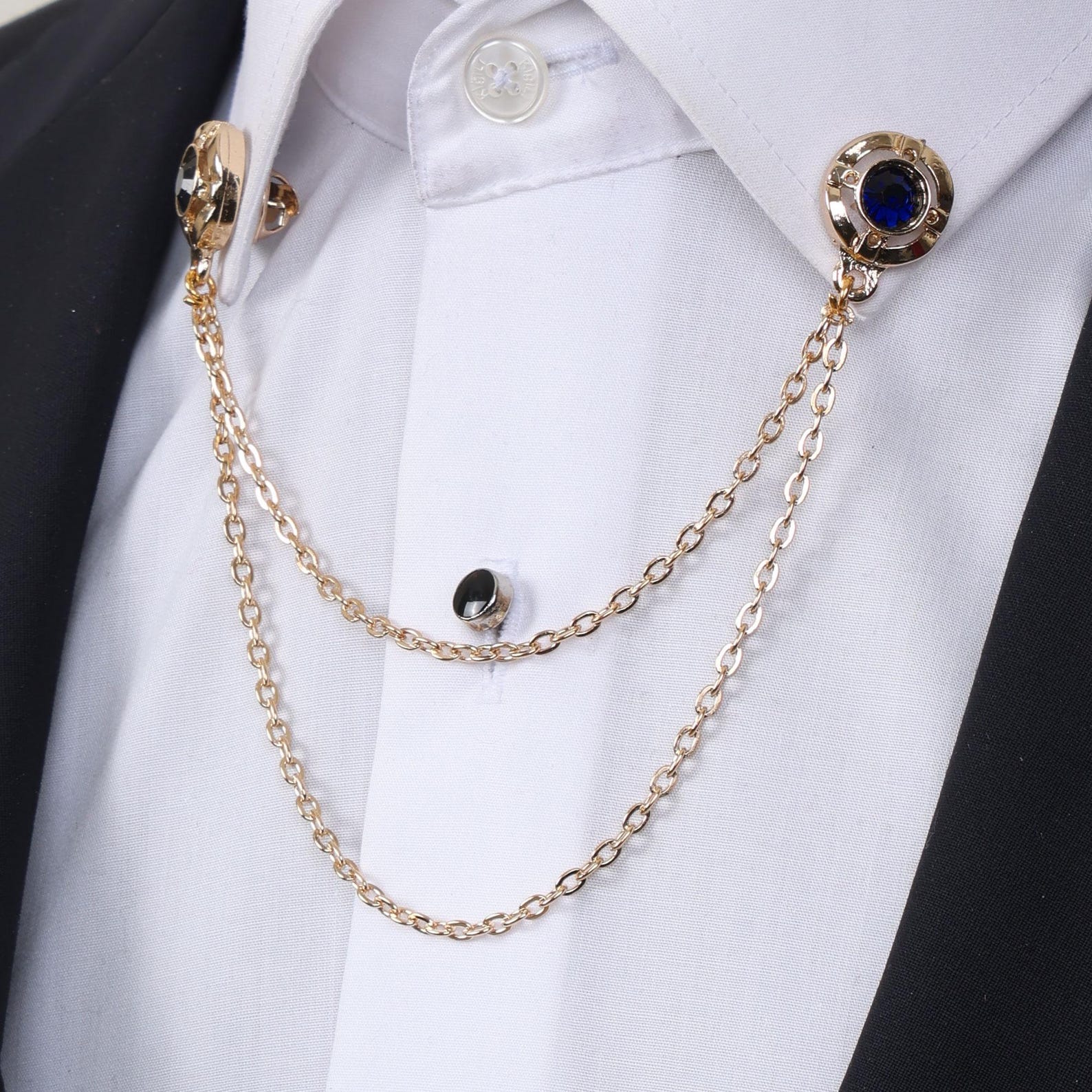Jacket and Shirt Chain Lapel Brooch With Navy Blue Stone, Wedding ...