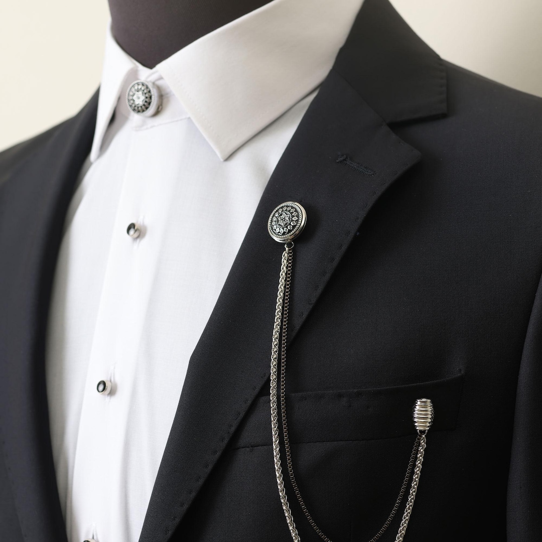 Hand Made Silver Collar Chain Brooch, Shirt Button Cover, and Cufflink ...