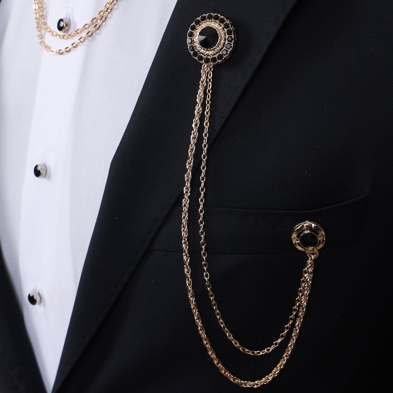 Gold Chain Lapel Brooch With Black Stone, Men's Wedding Accessory - Etsy