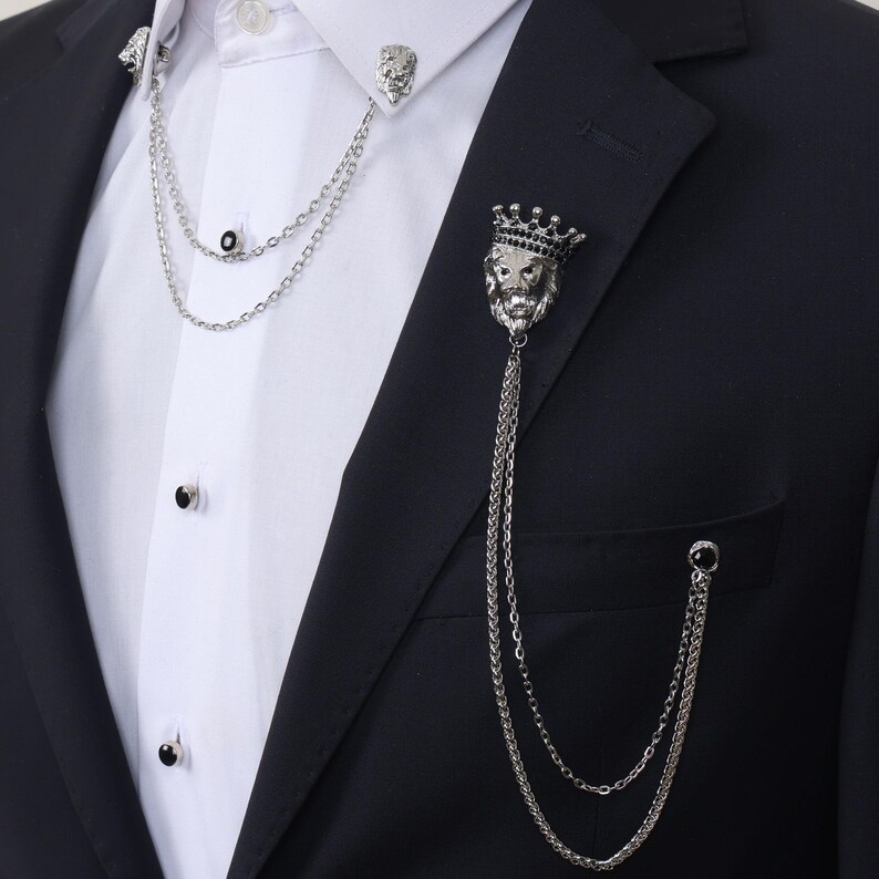 Lion Jacket and Shirt Collar Silver - Gold Color Chain Stone Brooch ...