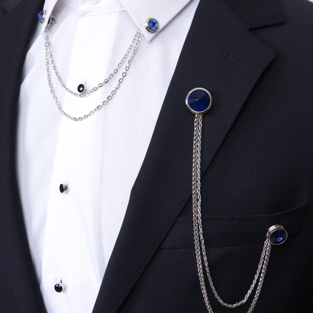 Jacket and Shirt Chain Lapel Brooch With Dark Blue Stone, Wedding ...