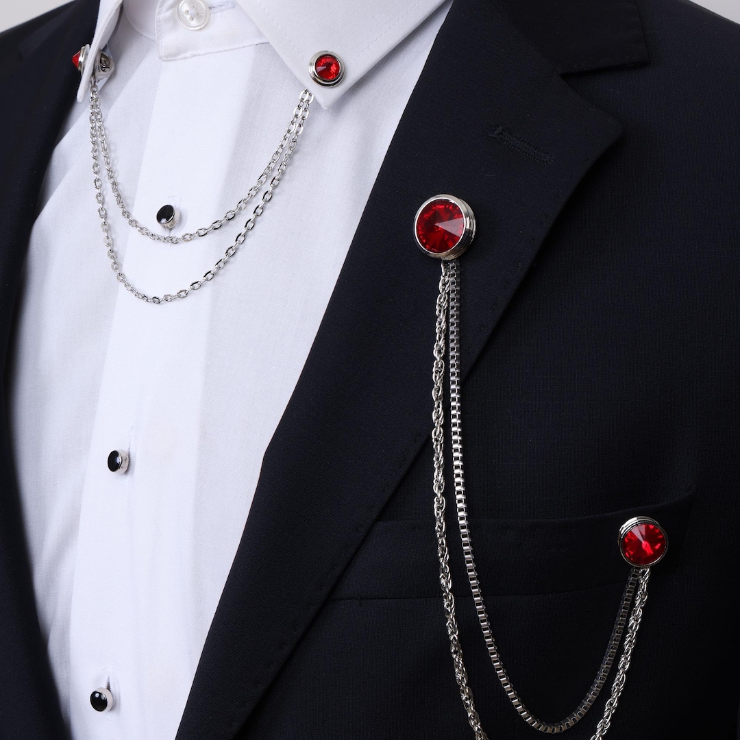 Jacket and Shirt Chain Lapel Brooch With Red Stone, Wedding Accessory ...
