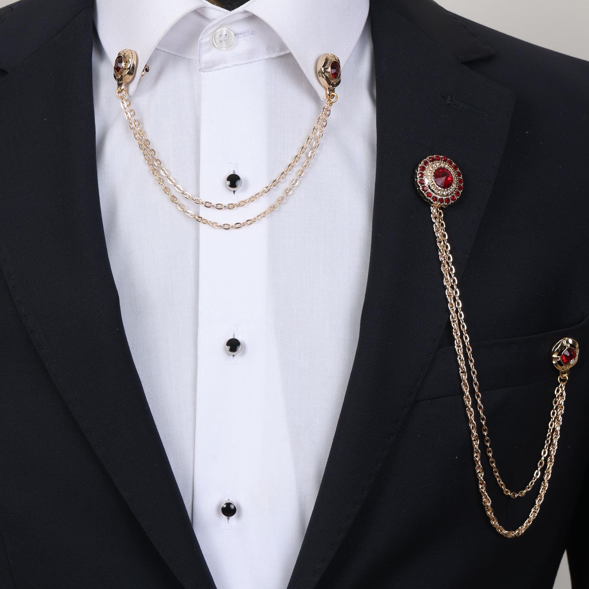 Jacket and Shirt Chain Lapel Brooch With Red Stone, Wedding Accessory ...
