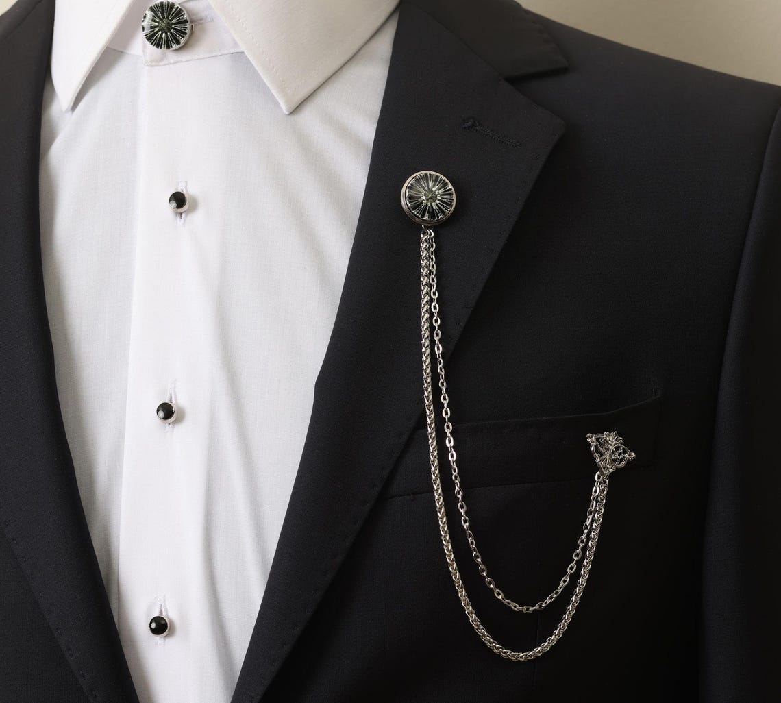 Handmade Silver Chain Collar Brooch, Shirt Button Cover Cufflink Set - Etsy