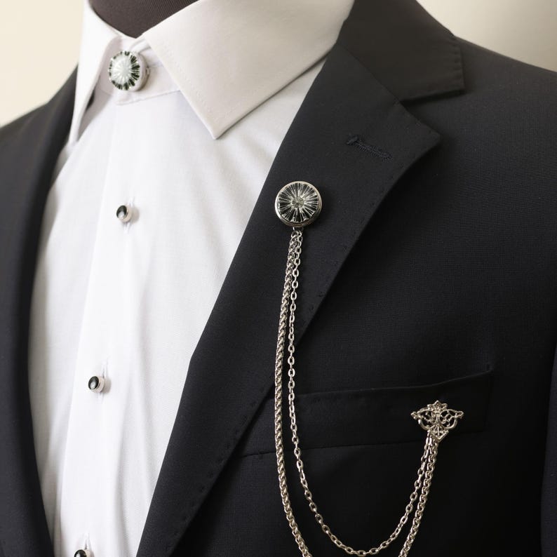 Handmade Silver Chain Collar Brooch, Shirt Button Cover Cufflink Set - Etsy