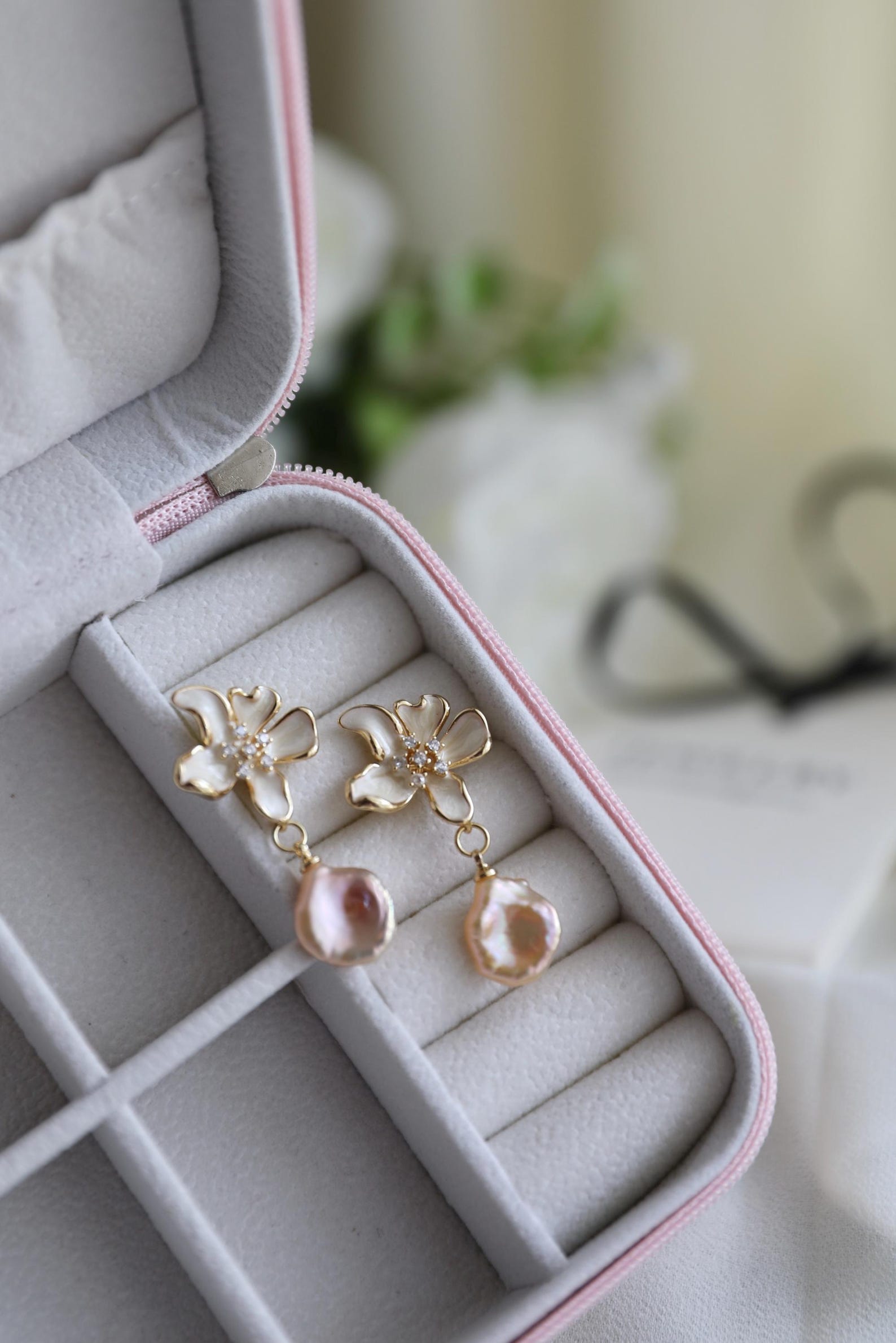 Gold Lily Flower Baroque Petal Freshwater Pearl Dropping Earrings ...
