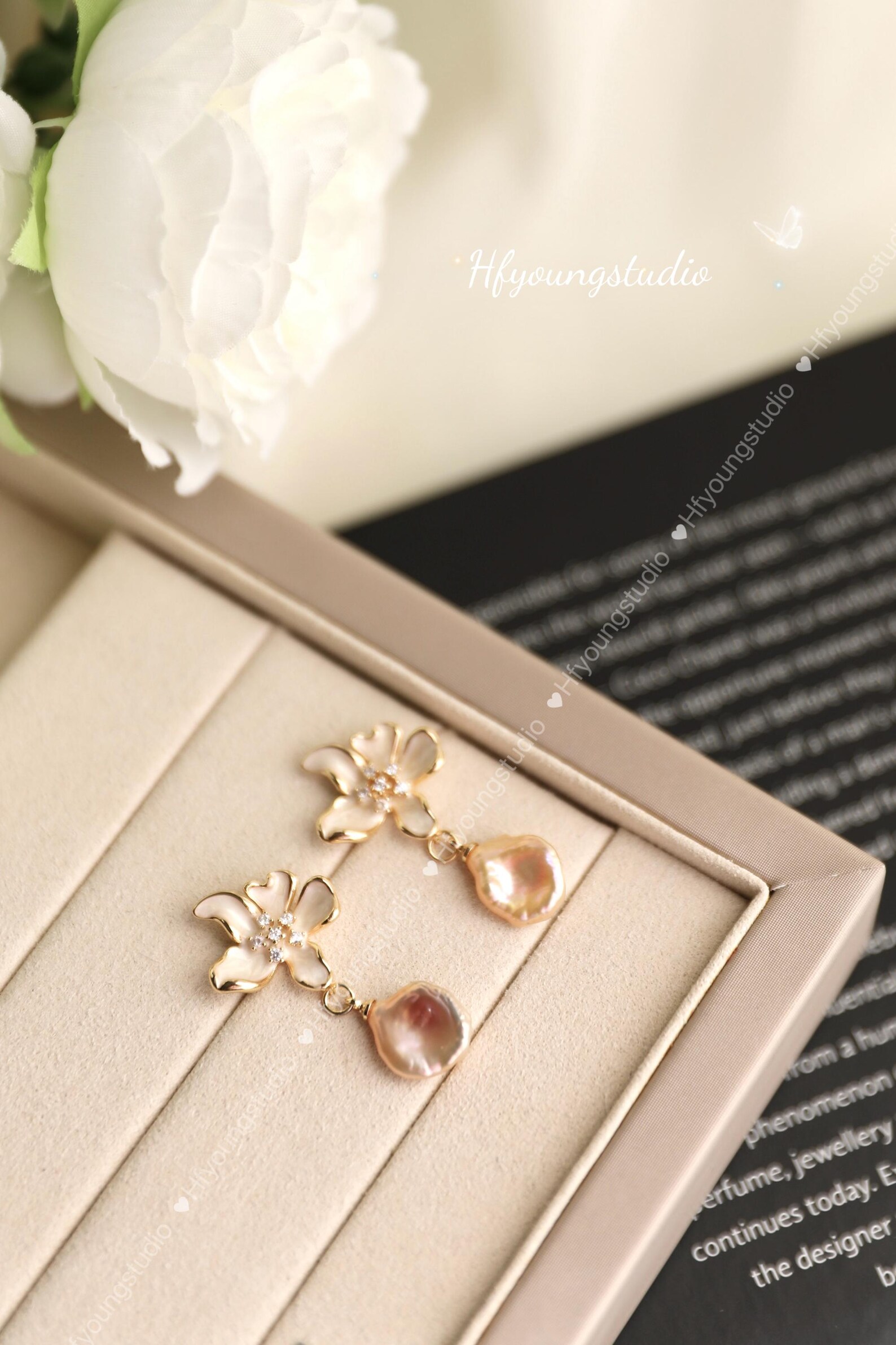 Gold Lily Flower Baroque Petal Freshwater Pearl Dropping Earrings ...