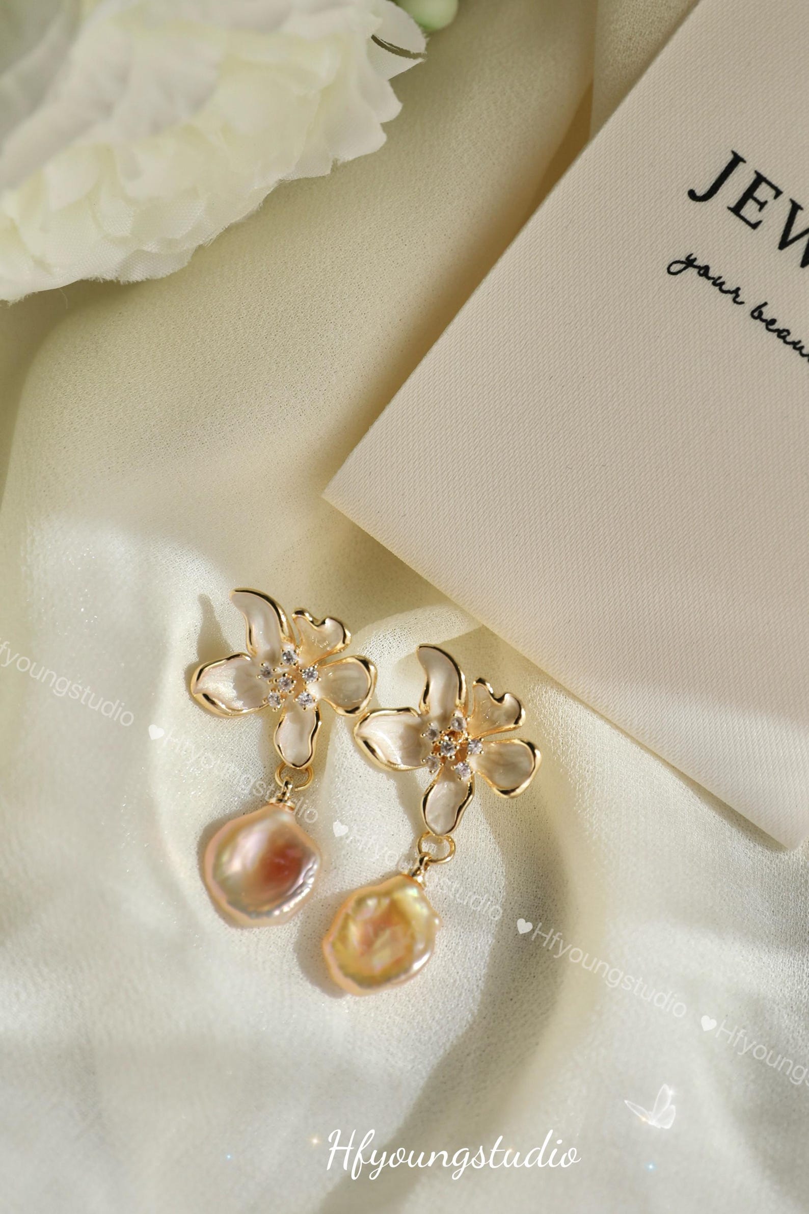 Gold Lily Flower Baroque Petal Freshwater Pearl Dropping Earrings ...