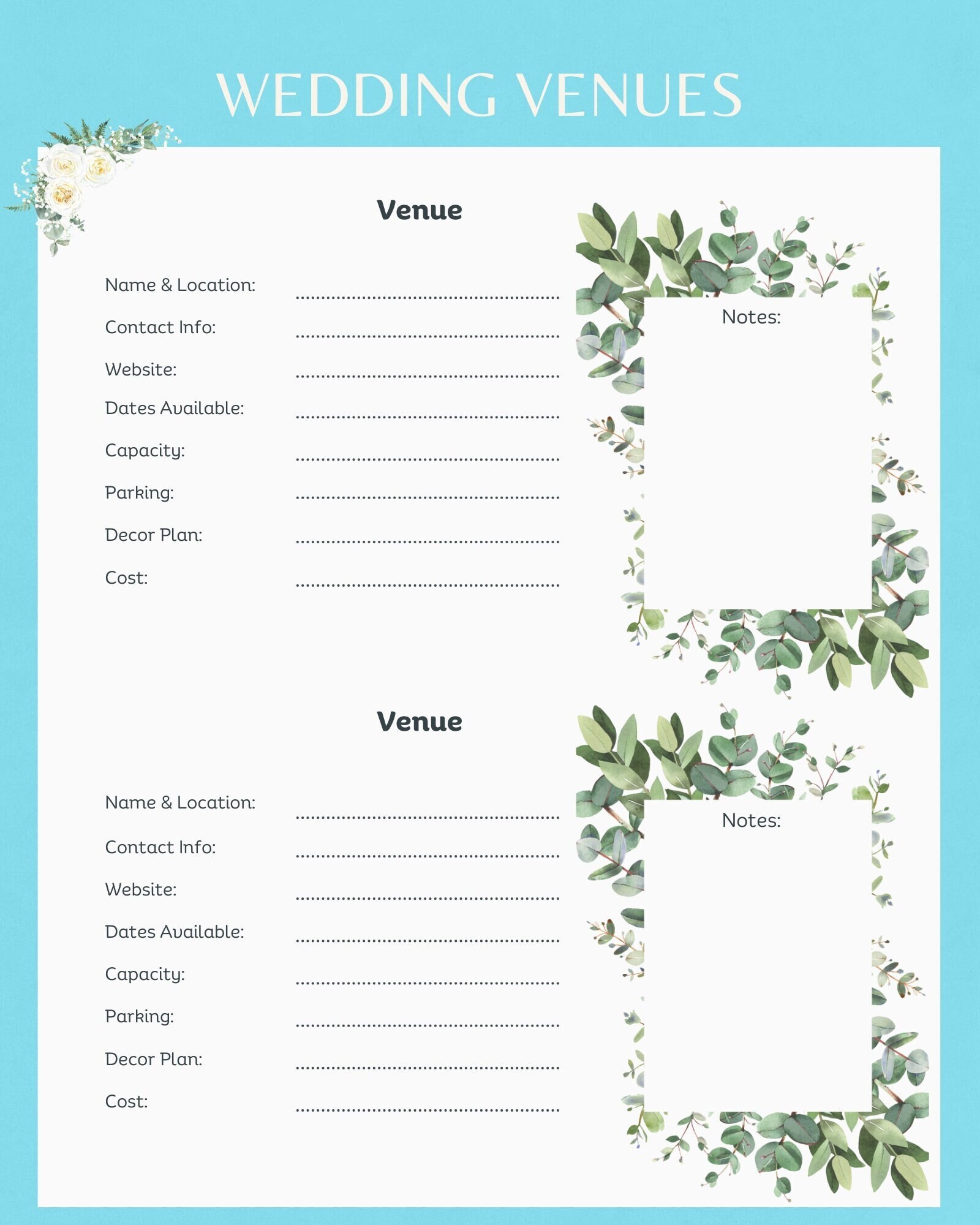 Wedding Planning Wedding Printable Venue Comparison Sheet - Etsy