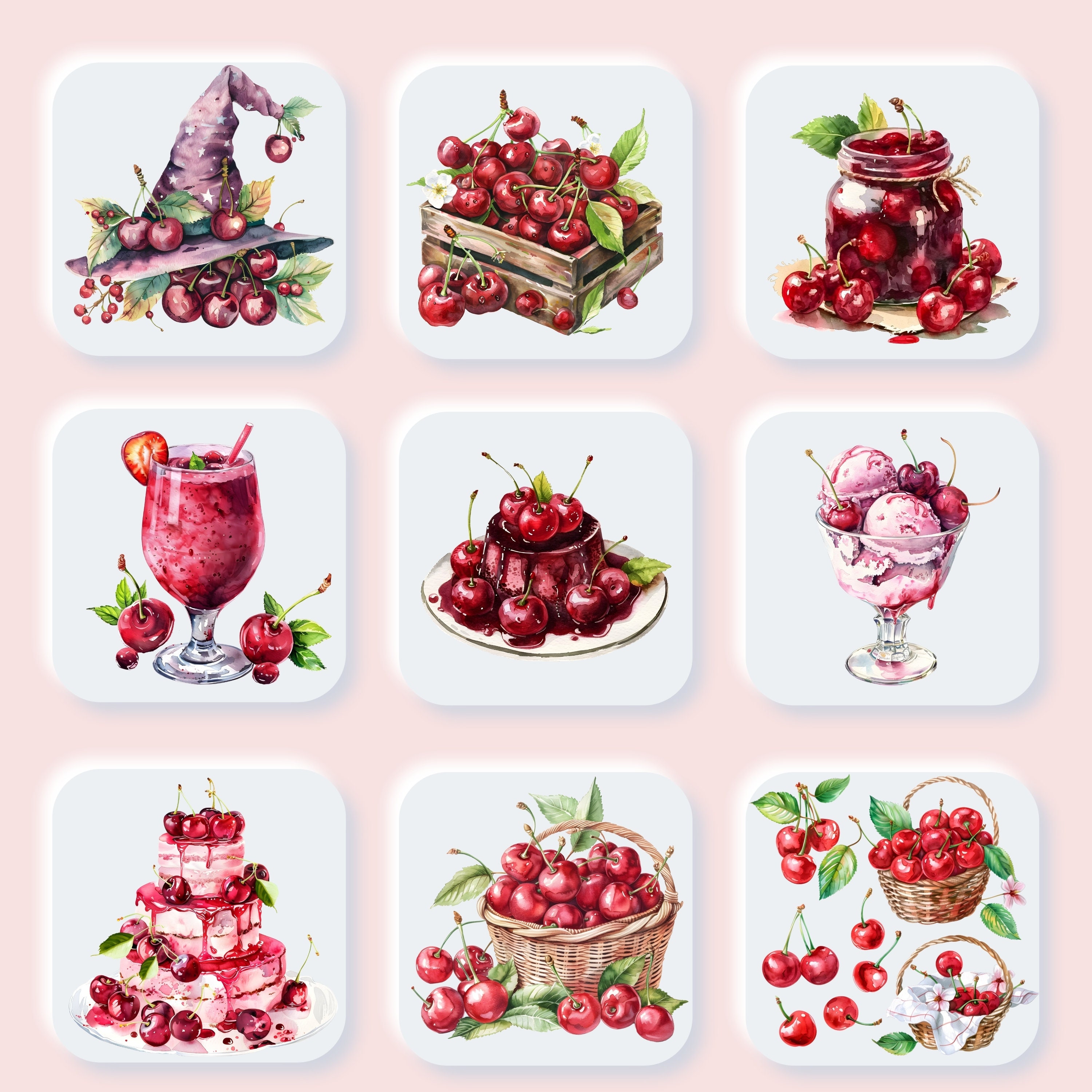 Watercolor Cherry Clipart, Cherry PNG, Summer Fruit Berry With Leaves ...