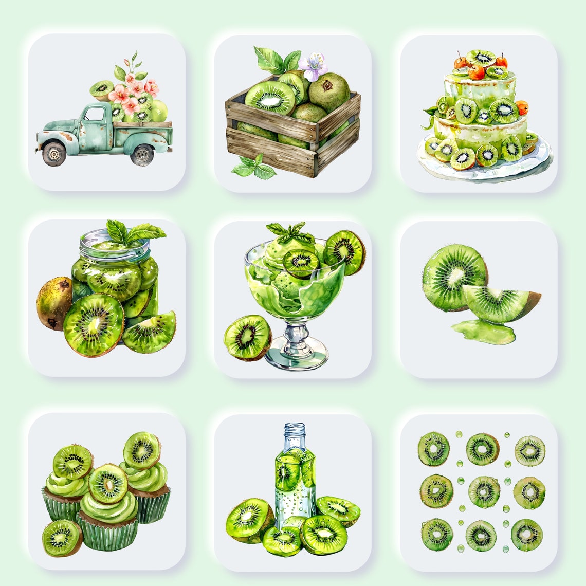 Watercolor Kiwi Clipart, Kiwi PNG, Summer Fruit Berry With Leaves and ...