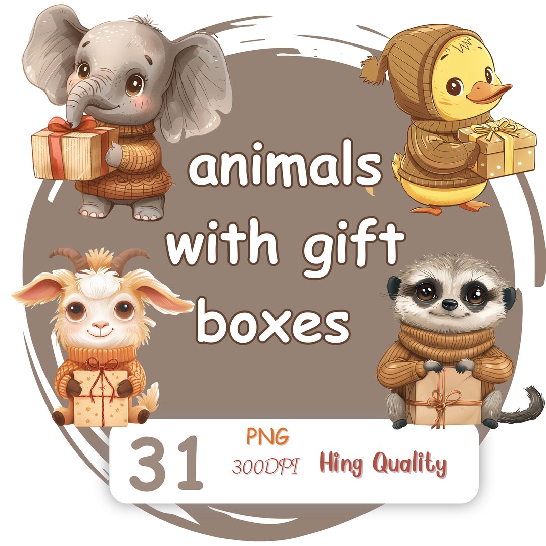 Animals With Gift Boxes, Animal Clipart , Animal Clipart for Baby, Gift ...