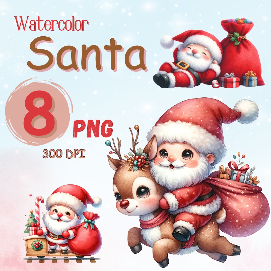 Watercolour Cute Santa Clipart Bundle 8 Transparent PNG - Etsy