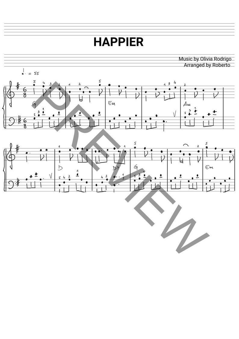 Happier by Olivia Rodrigo, Handmade Easy Piano Music Sheet PDF Https ...