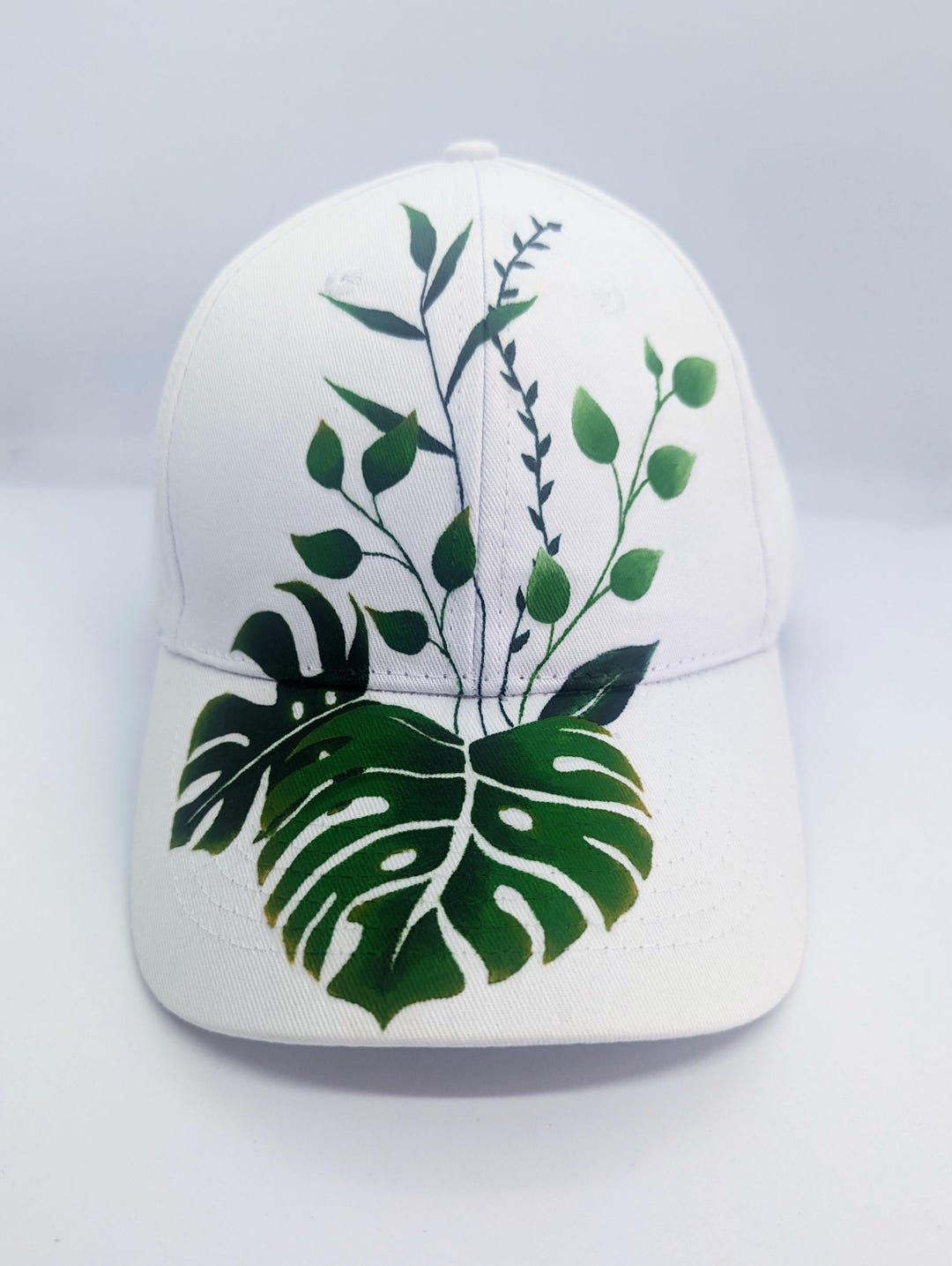 Hand-painted Baseball Cap With Green Leaves - Etsy