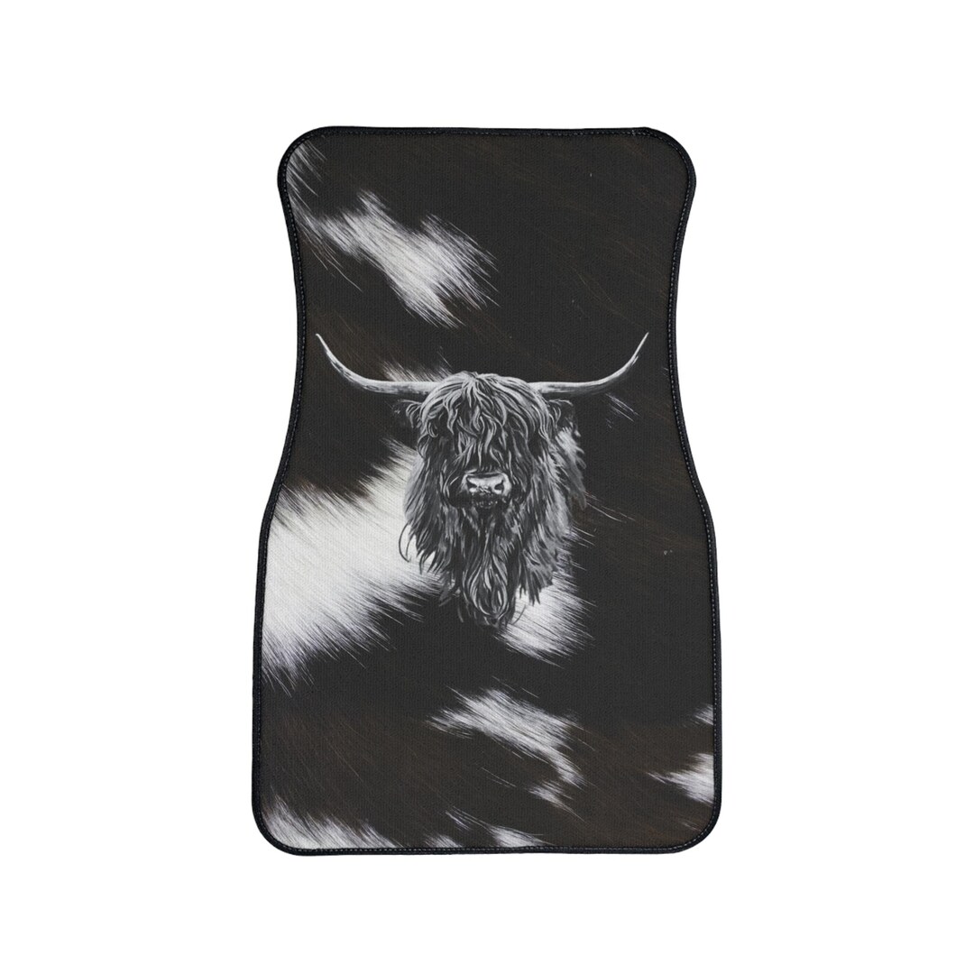 Highland Cow Illustration Car Floor Mat | Black White Cowhide Pattern ...