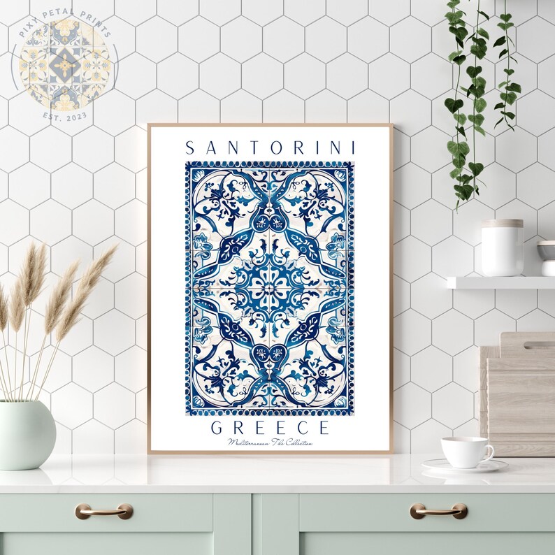 Santorini Wall Art Tile Print Blue and White Prints Greek Tile Poster ...