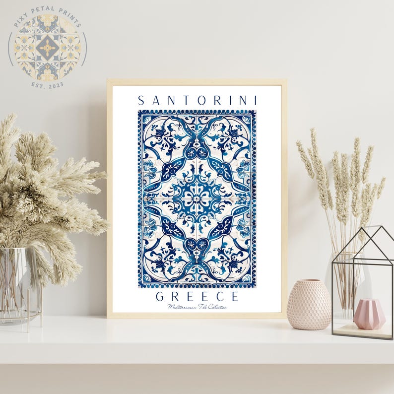 Santorini Wall Art Tile Print Blue and White Prints Greek Tile Poster ...