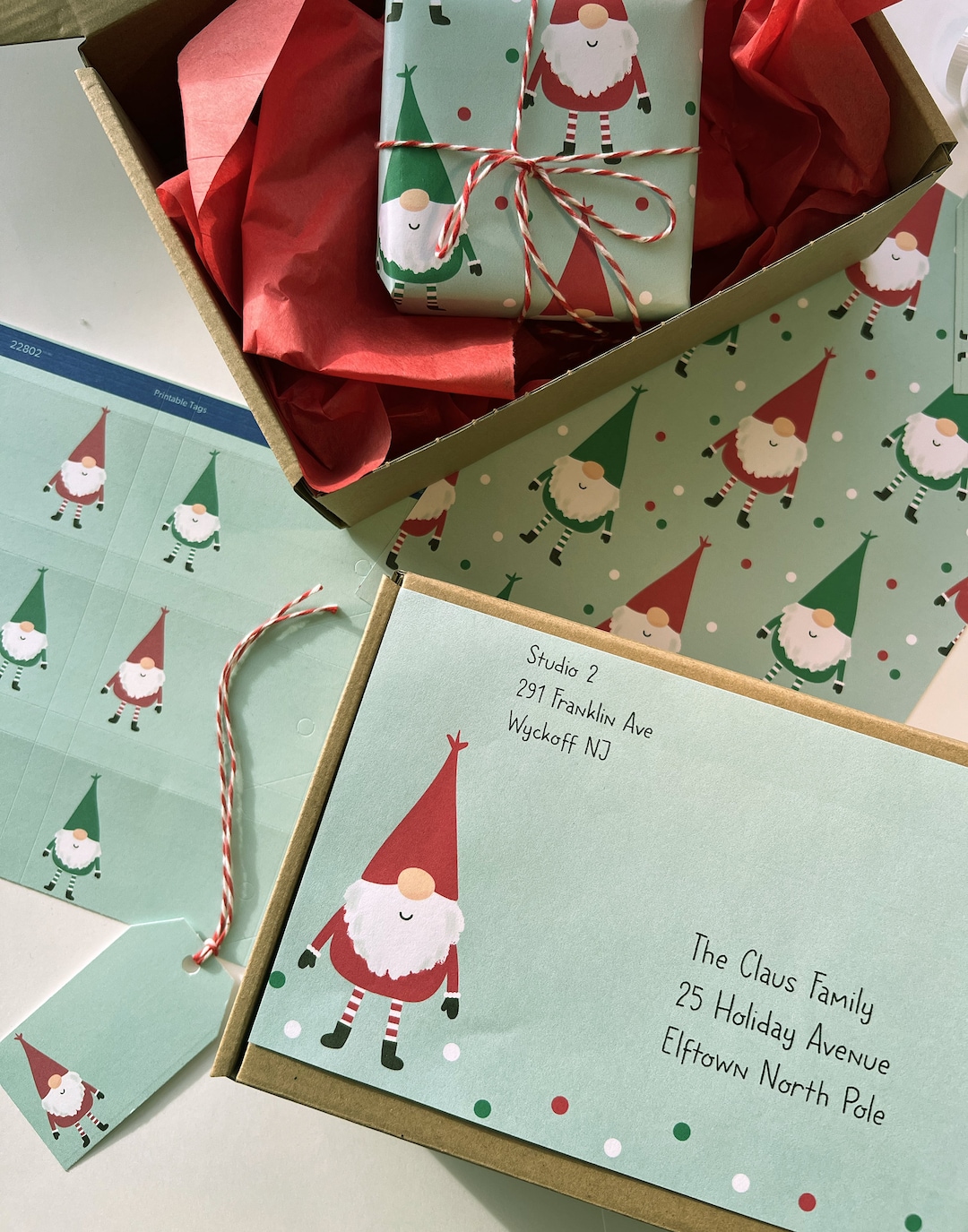 Christmas Gnome Printable Wrap Set Including Gift Wrap, Labels and Tags ...