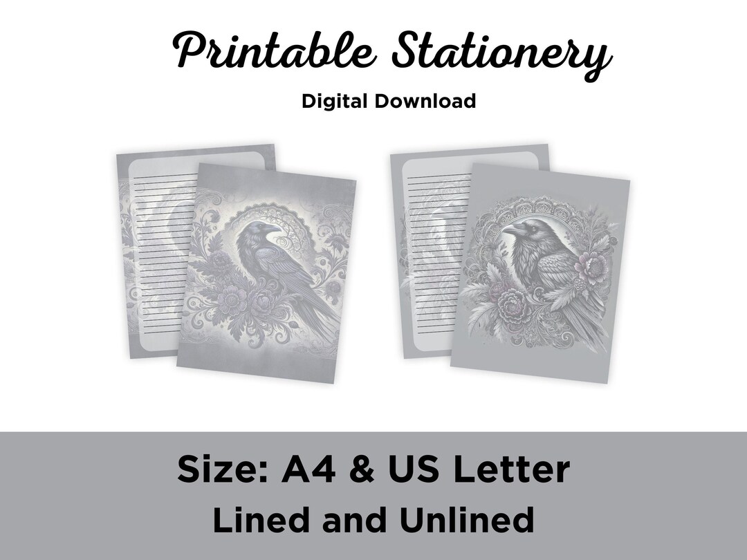 Gothic Raven Digital Stationery Set - Printable Writing Paper - Instant ...