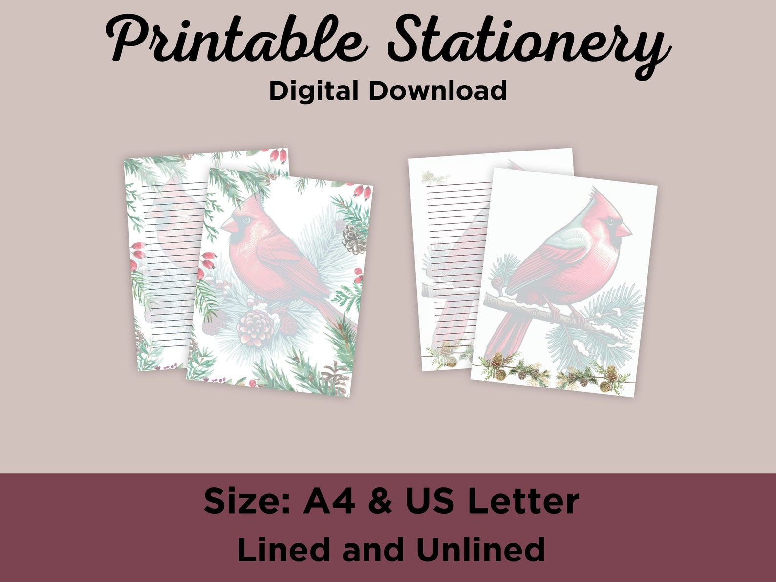 Christmas Cardinal Stationery – Winter Bird Writing Paper – Printable ...
