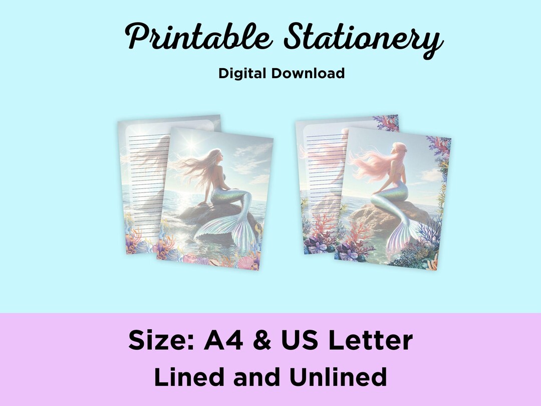 Mermaid Digital Stationery Set | Printable Letter & A4 Paper - Etsy