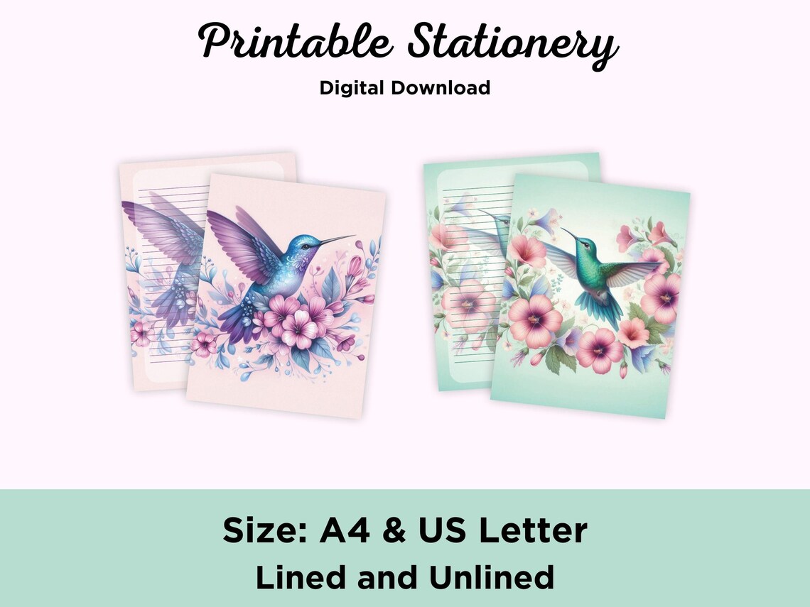 Hummingbird Floral Stationery - Printable Pastel Writing Paper - Lined ...
