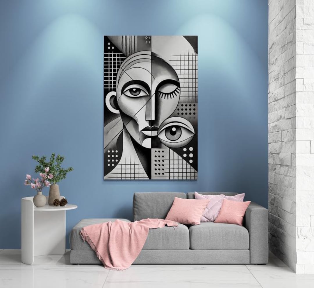 Black and White Cubism Portrait Canvas Print Modern Abstract Art With ...