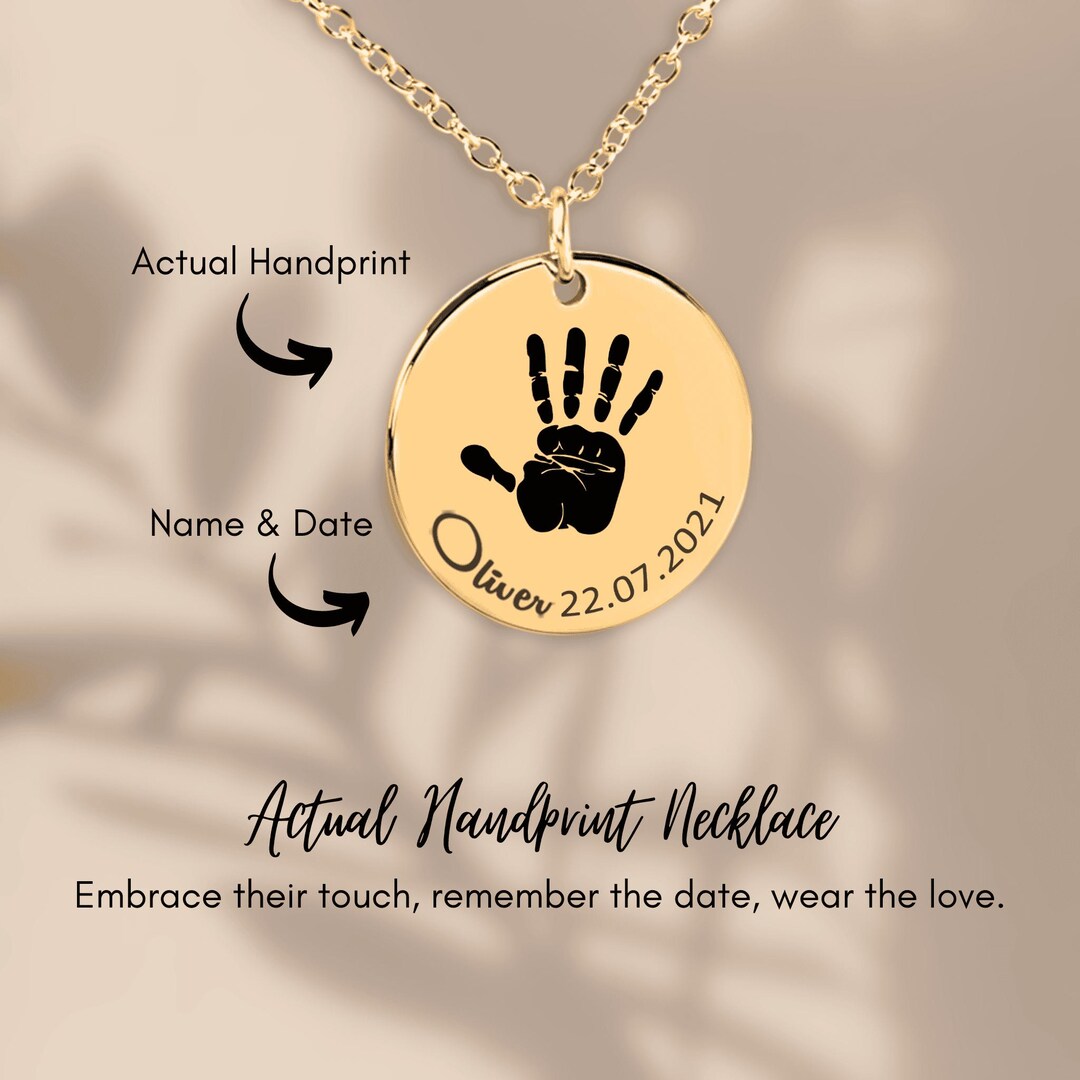 Actual Handprint Necklace - Personalized Name & Date Jewelry - Custom ...