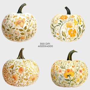 Floral Pumpkin Clipart PNG Set: Autumn Thanksgiving Decor (digital ...