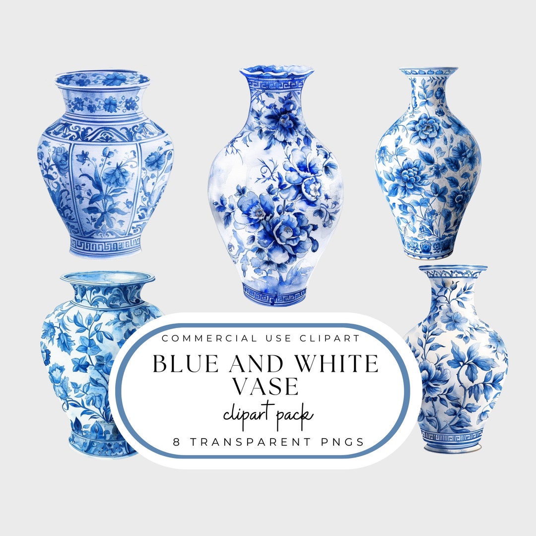 Blue and White Vase PNG, Chinoiserie Clipart Pack, Watercolor Toile ...