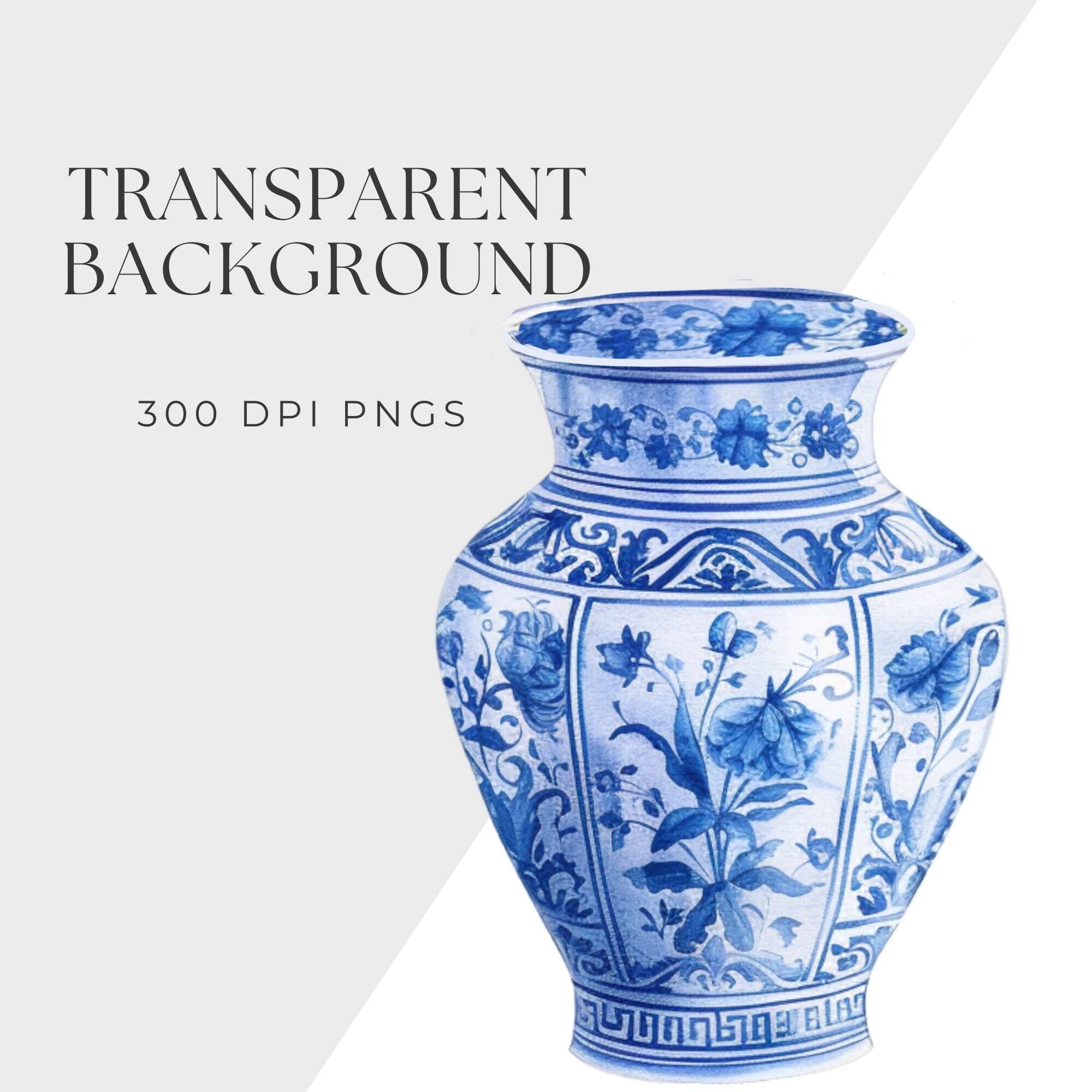 Watercolor Chinoiserie Vase Clipart: Blue & White PNG Pack (commercial ...