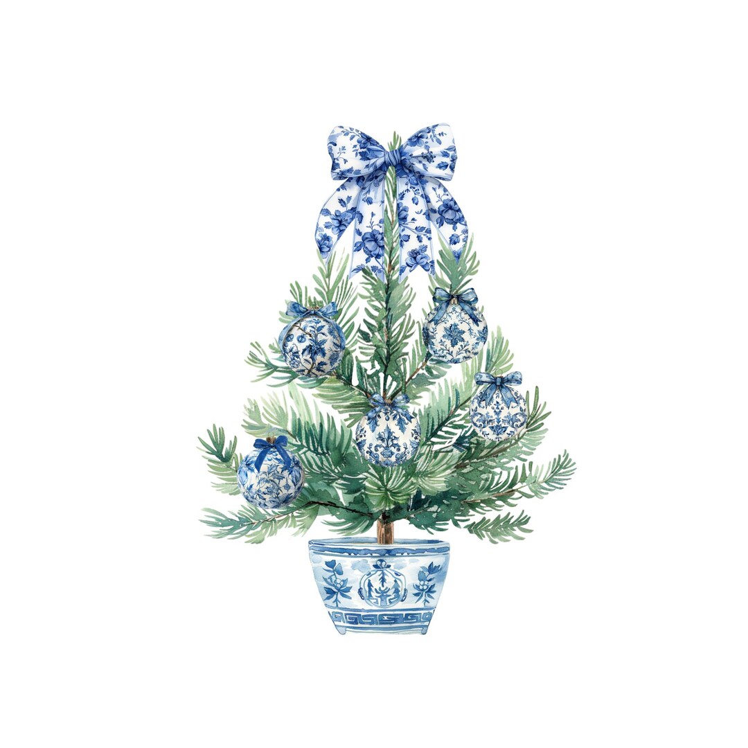 Toile Christmas Tree PNG: Blue and White Ornaments (digital Download ...