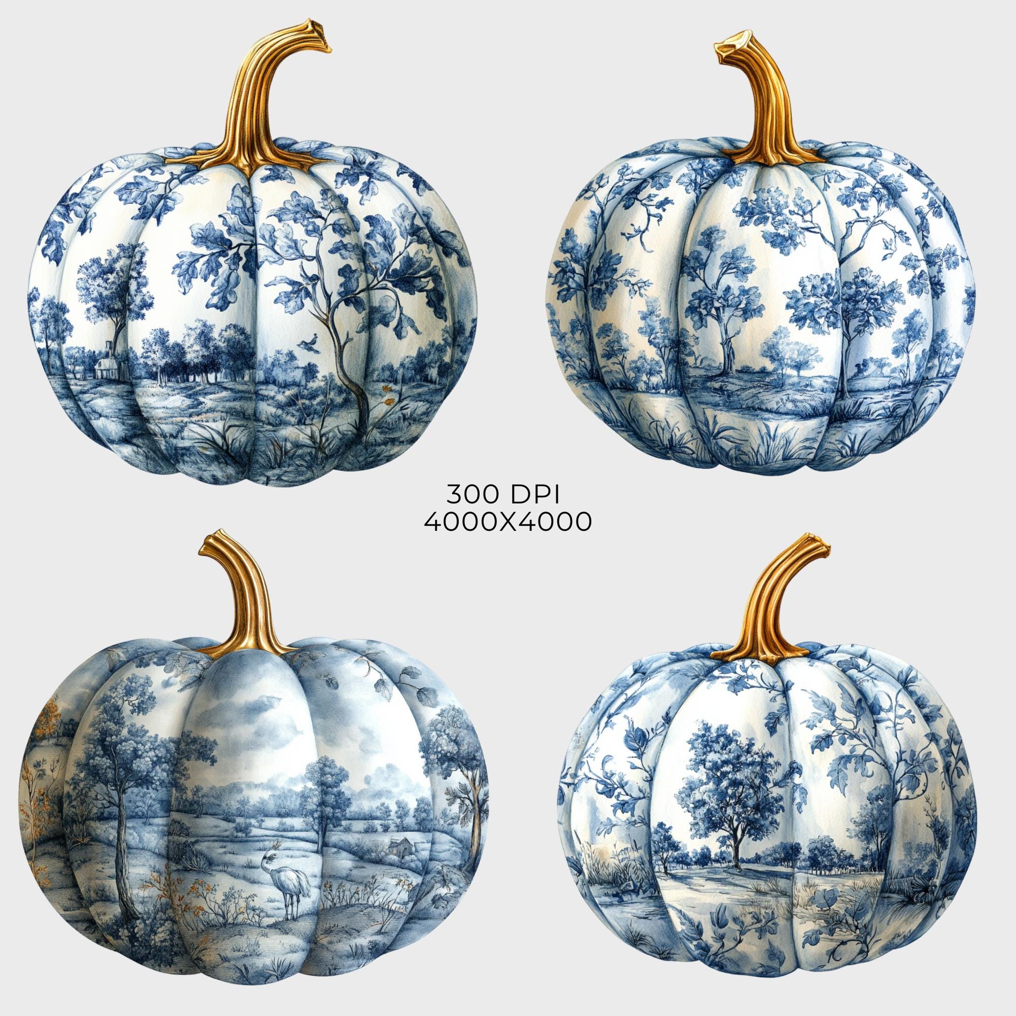 Toile Pumpkin Clipart: Blue Chinoiserie Watercolor Designs (PNG Digital ...