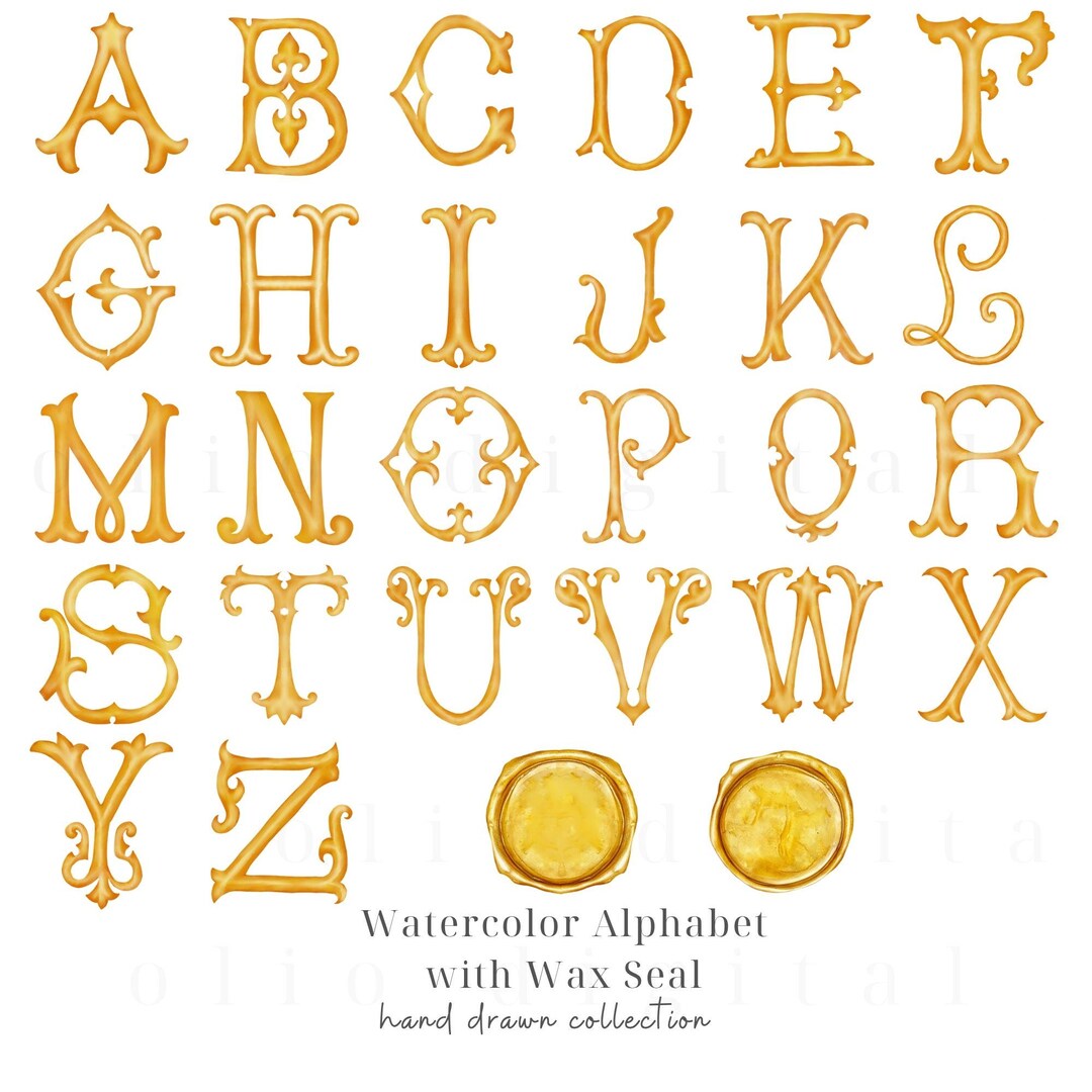 Watercolor Alphabet Clipart: Gold Vintage Hand-drawn Letters (PNG ...