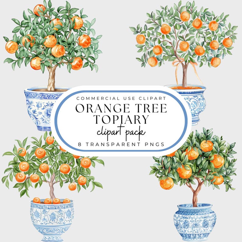 Orange Tree Topiary PNG, Chinoiserie, Clipart Pack, Blue and White ...