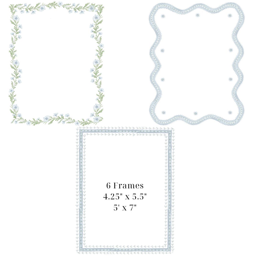 Blue Watercolor Frames Clipart: Floral, Stripe, Scallop Designs (PNG ...