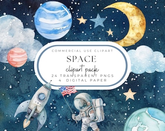 15 Watercolor Space Clipart Bundle, Nursery PNG Astronaut Spaceship ...