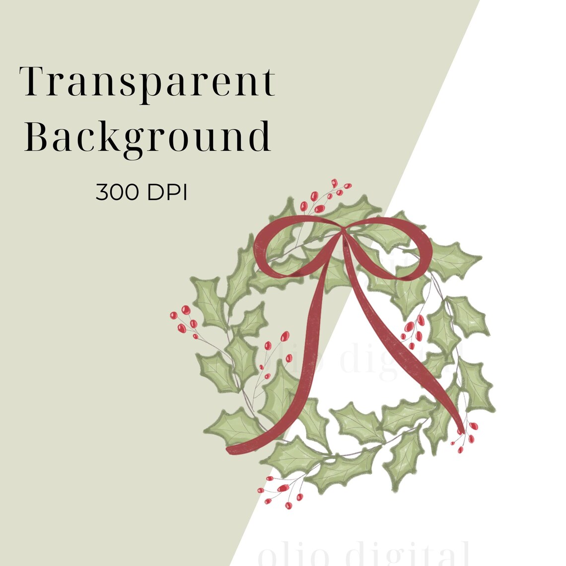 Preppy Christmas Holly Wreath Clipart: Red Berries, Grand Millennial ...