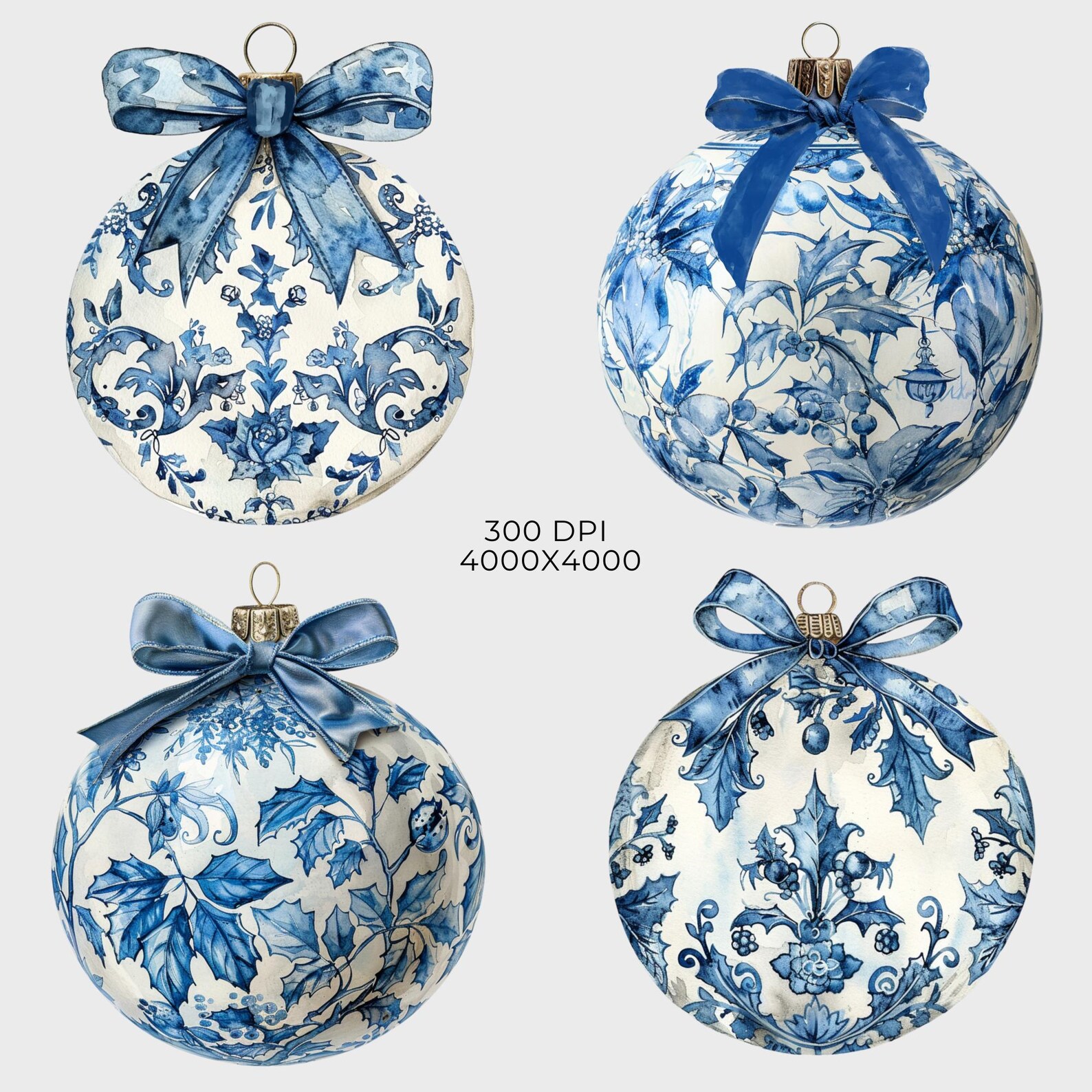 Blue Toile Christmas Ornaments Clipart: Watercolor PNG Pack - Etsy