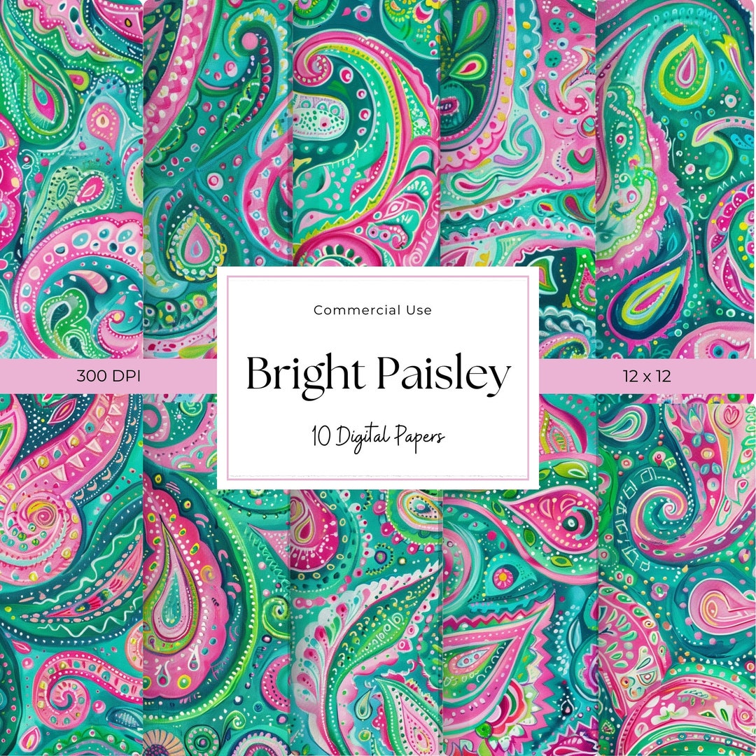 Bright Paisley Digital Paper: Pink & Green Abstract Designs (12x12 ...