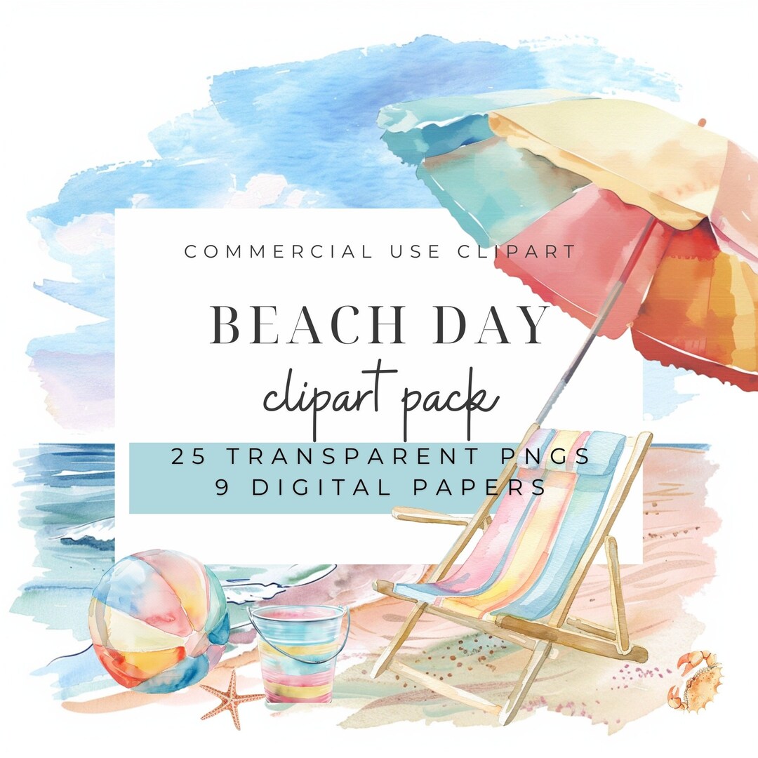 Beach Day Clipart, Summer Vibes, Shore, Ball, Umbrella, Pail and Shovel ...
