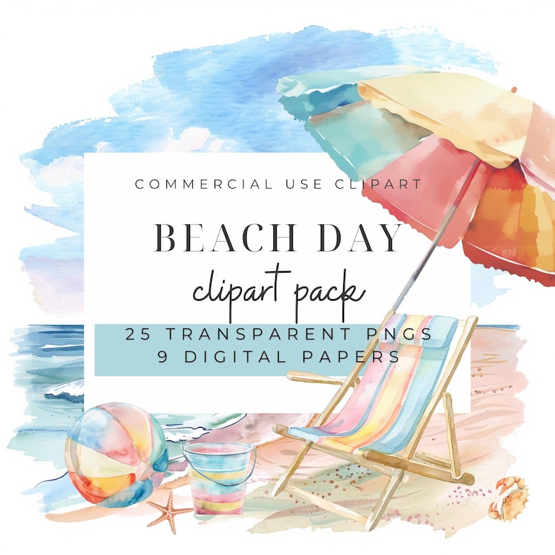 Beach Day Clipart, Summer Vibes, Shore, Ball, Umbrella, Pail and Shovel ...