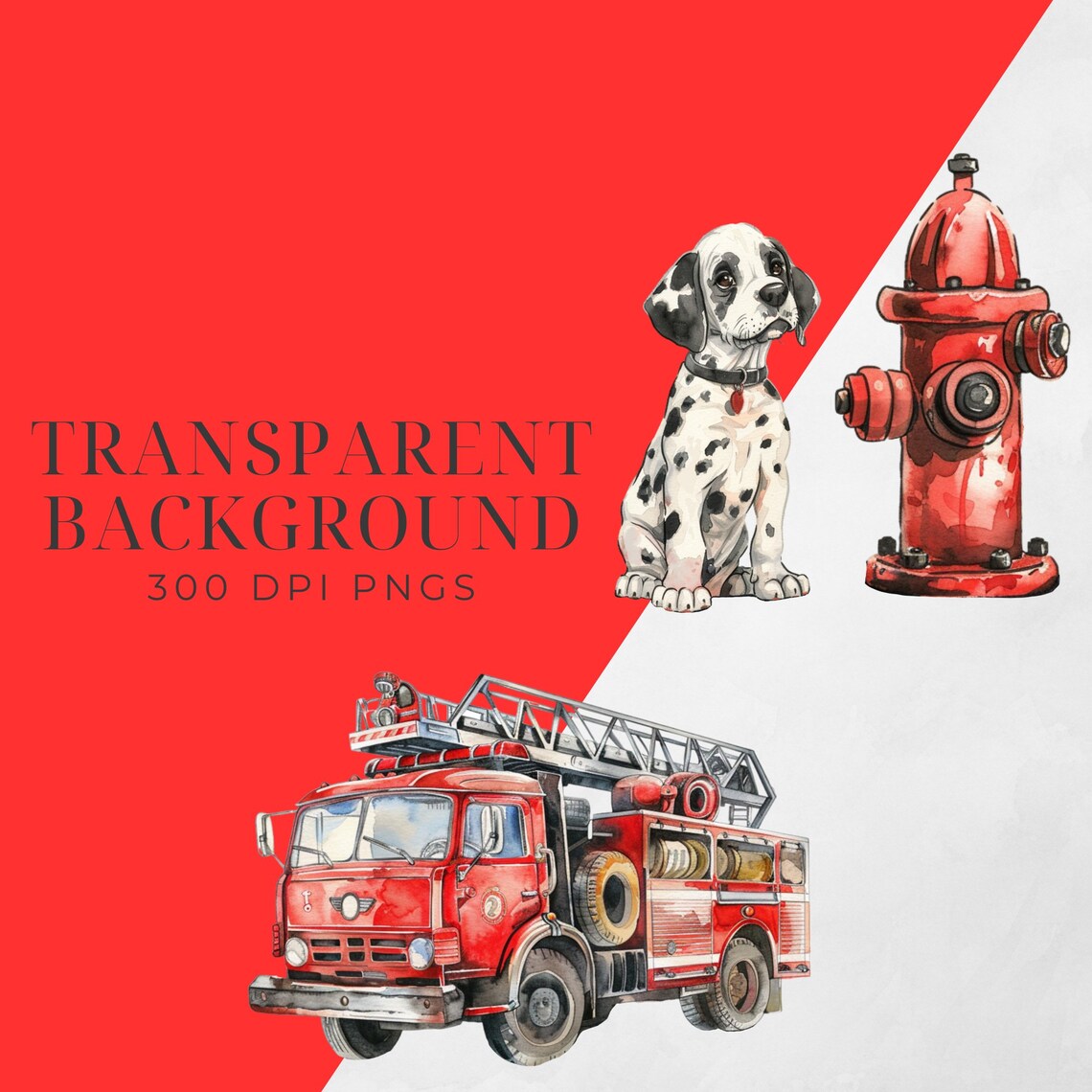 Fire Truck Clipart, Watercolor Fire Engines, Hats, Hydrants, Hoses and ...