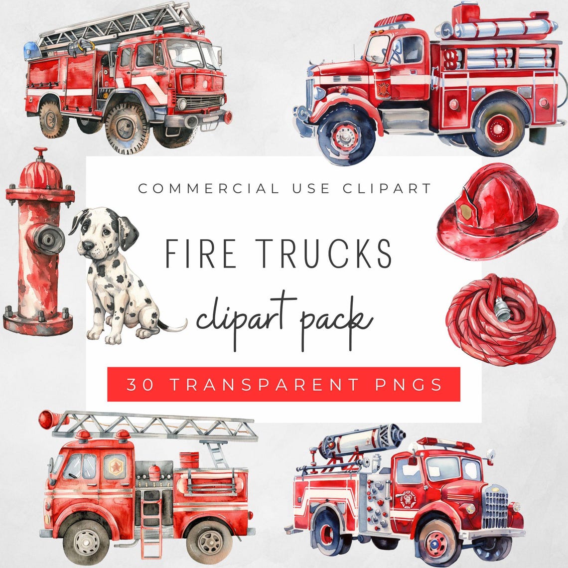 Watercolor Fire Truck Clipart: Dalmatian, Hydrant, Hoses (digital ...